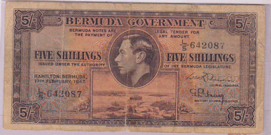 British Bermuda - 5 shilling 1937 scarce used currency note - KB Coins ...