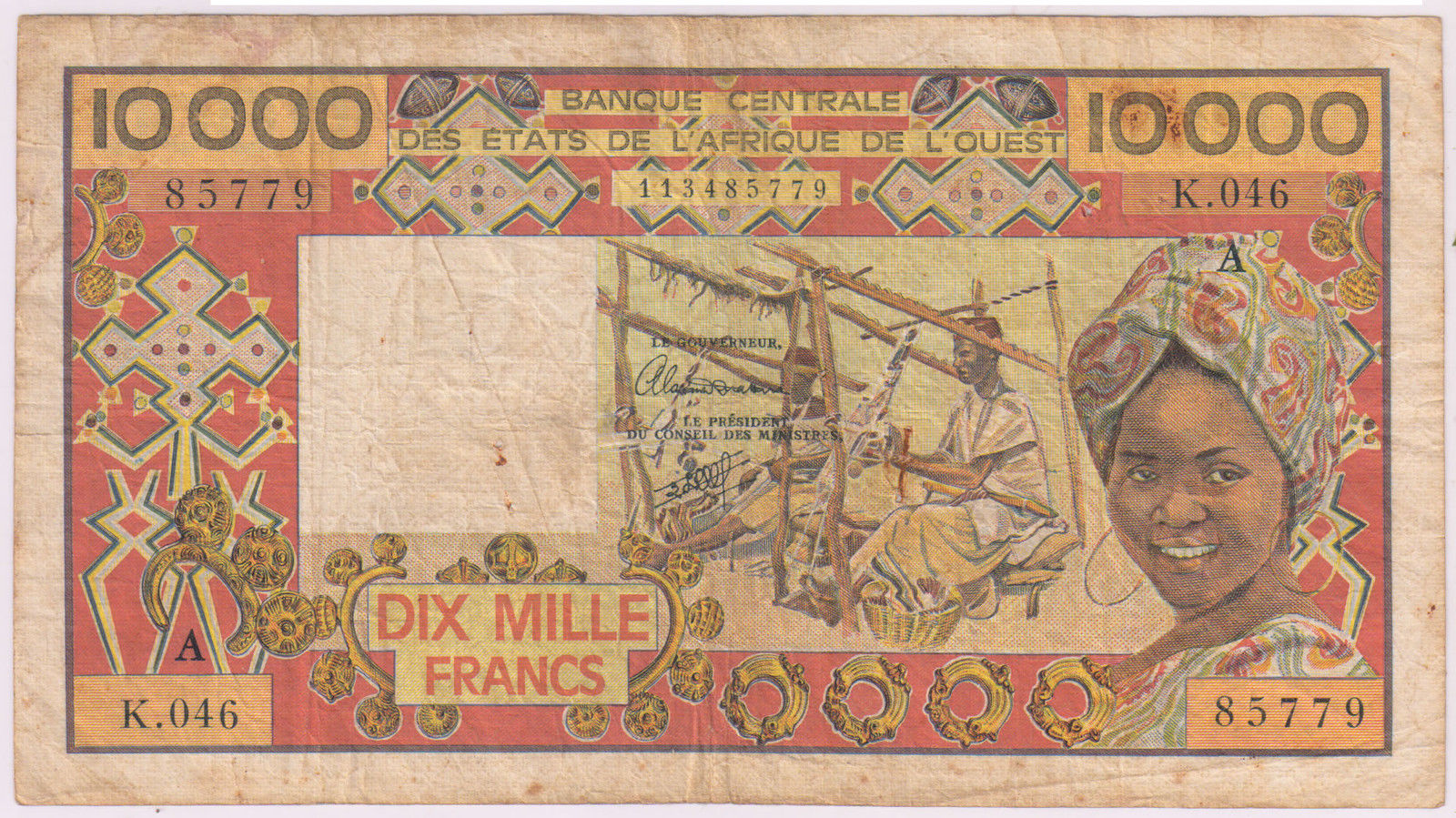 IVORY COAST , West African States - 10000 frs 1990 used currency note ...