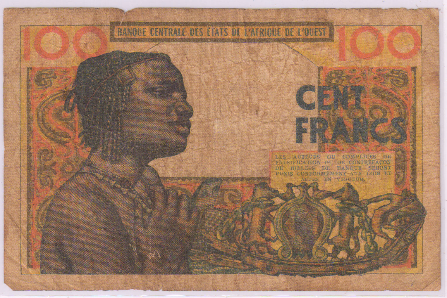 West African States - Ivory Coast 100 Fr. 1959 , used currency note ...
