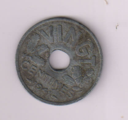 Vichy French State issue - 230 cmes 1941 zinc holed coin - KB Coins ...