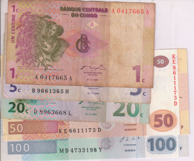 Congo - 5 different ( 1,5,20,50,100C) Vf, unc currency notes - KB Coins ...